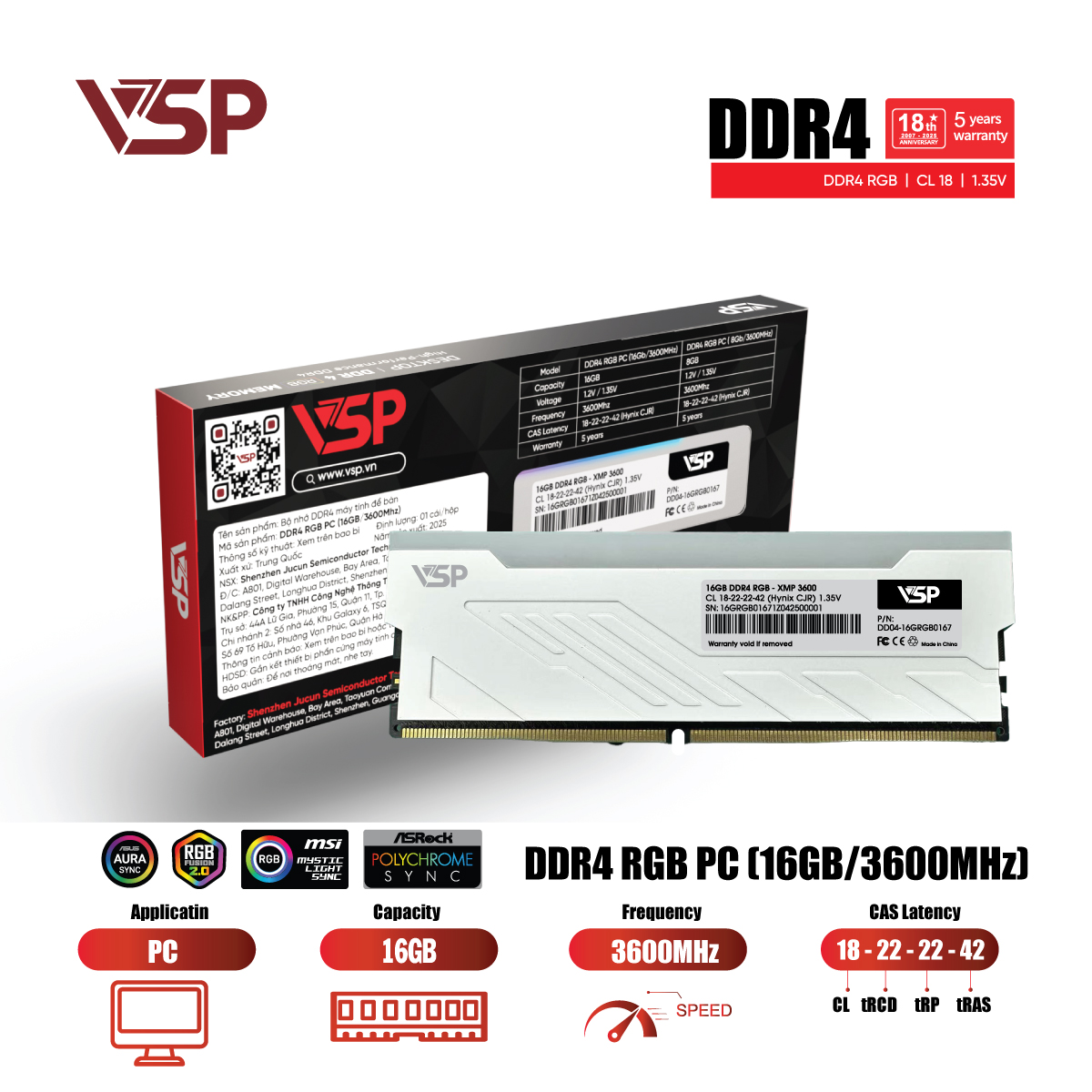 Ram PC VSP LED RGB DDR4 RGB 16GB - 3600MHz